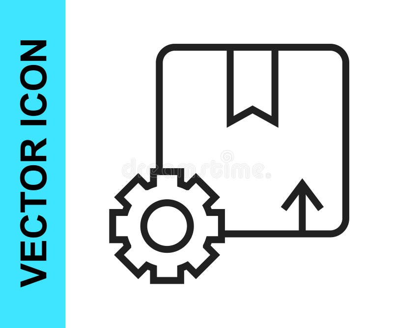 Black Line Gear Wheel with Package Box Icon Isolated on White ...
