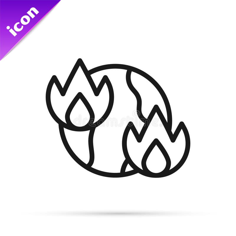 Black Line Global Warming Fire Icon Isolated on White Background ...