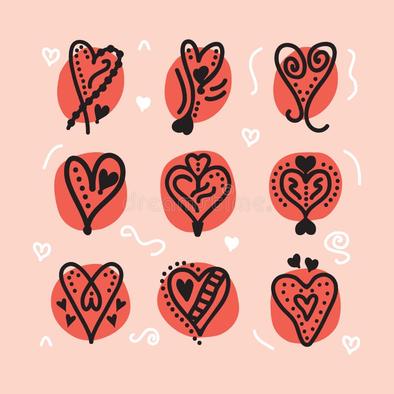 Black Line Hand Drawn Cute Heart Emblems Icons Design Elements Set with ...