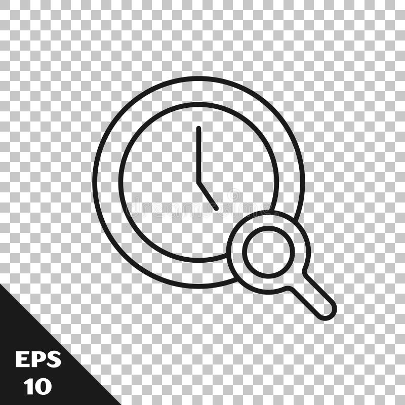 Black Line Magnifying Glass with Clock Icon Isolated on Transparent ...