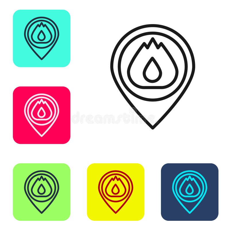 Black Line Map Pointer with Fire Flame Icon Isolated on White ...