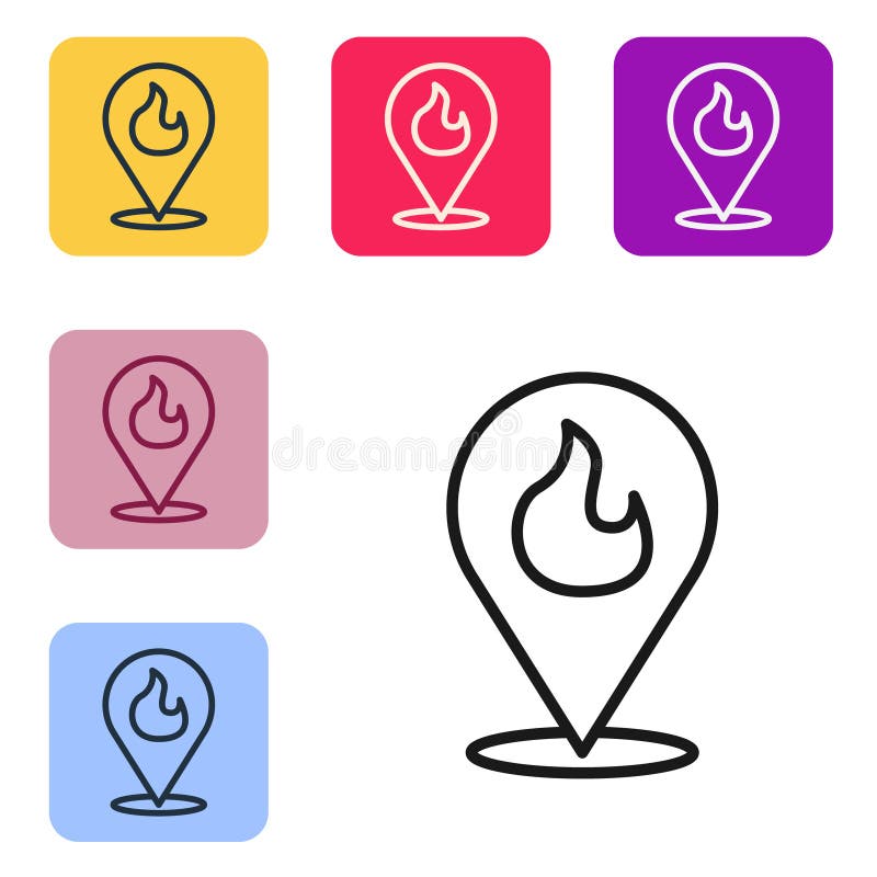 Black Line Map Pointer with Fire Flame Icon Isolated on White Background. Fire Nearby Stock ...
