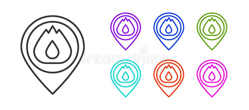 Black Line Map Pointer with Fire Flame Icon Isolated on White Background. Fire Nearby. Set Icons ...