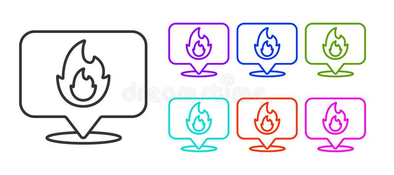 Black Line Map Pointer with Fire Flame Icon Isolated on White ...