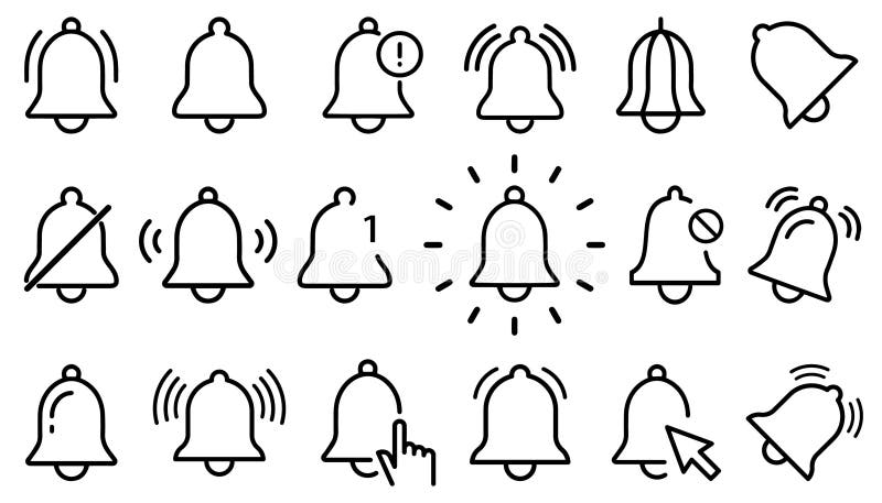 Black Line Notification Bell Icons Collection. Set of Line Bell Message ...