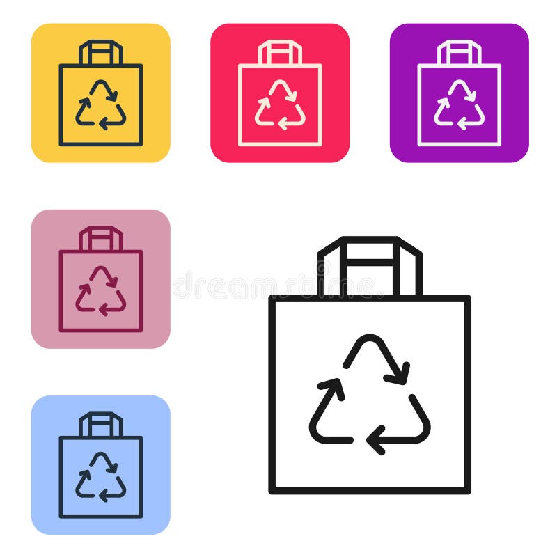 Black Line Paper Shopping Bag With Recycle Icon Isolated On White