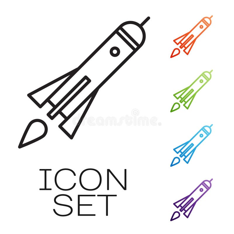 Black Line Rocket Ship with Fire Icon Isolated on White Background ... Black Line Rocket Ship with Fire Icon Isolated on White Background ...