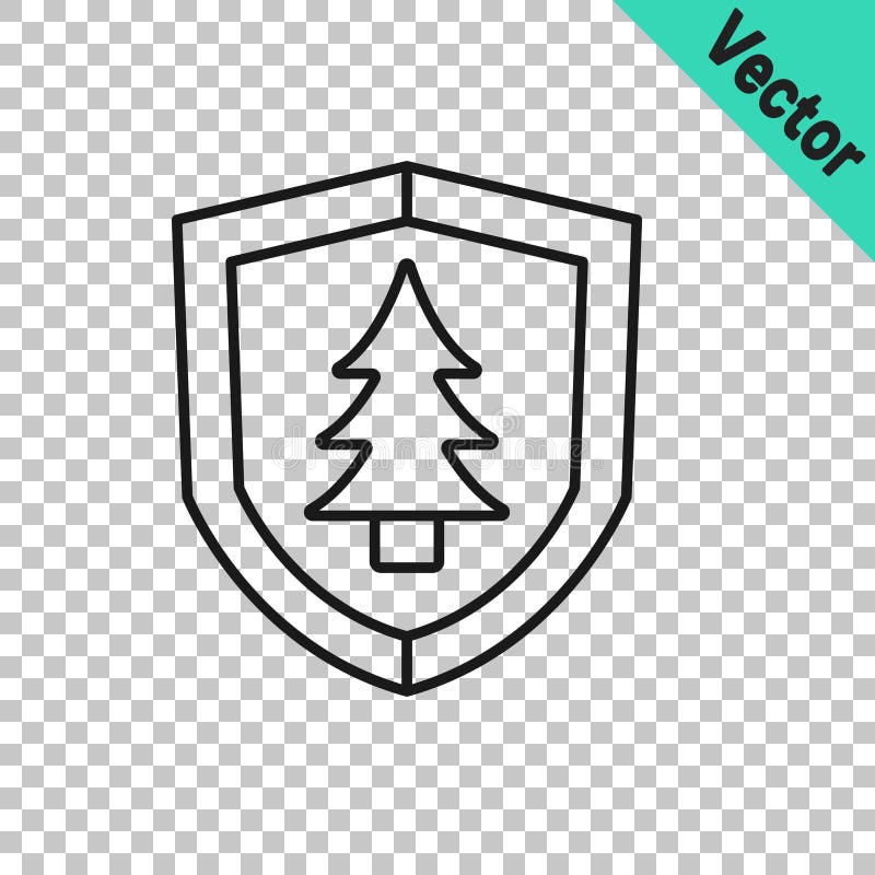 Black Line Shield with Tree Icon Isolated on Transparent Background ...