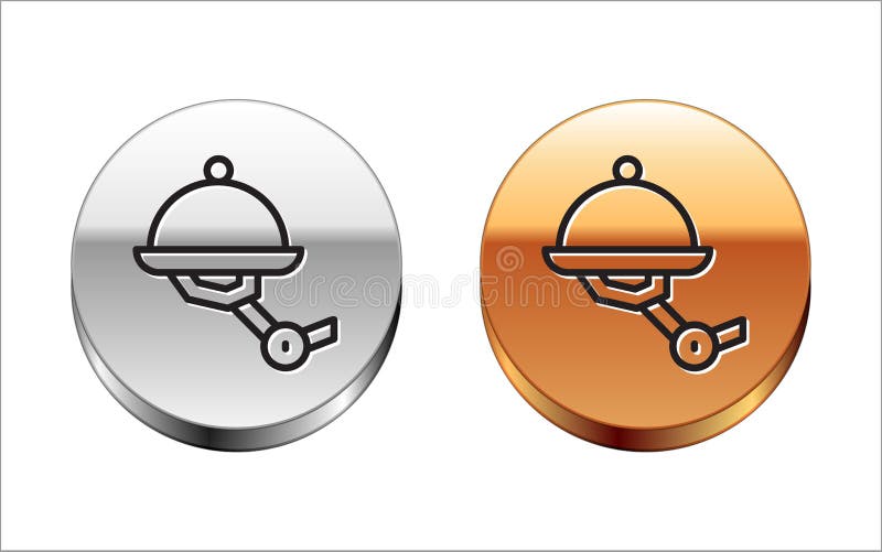 Black Line Waiter Robot With Covered Plate Icon Isolated On White Background Artificial