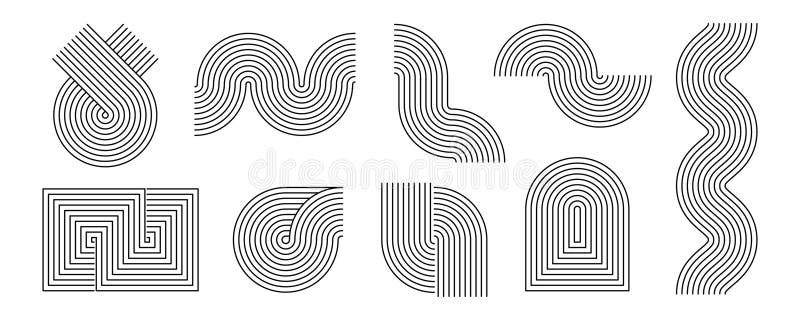 Black Linear Boho Style Waves and Shapes Set. Mid Century Curves and ...
