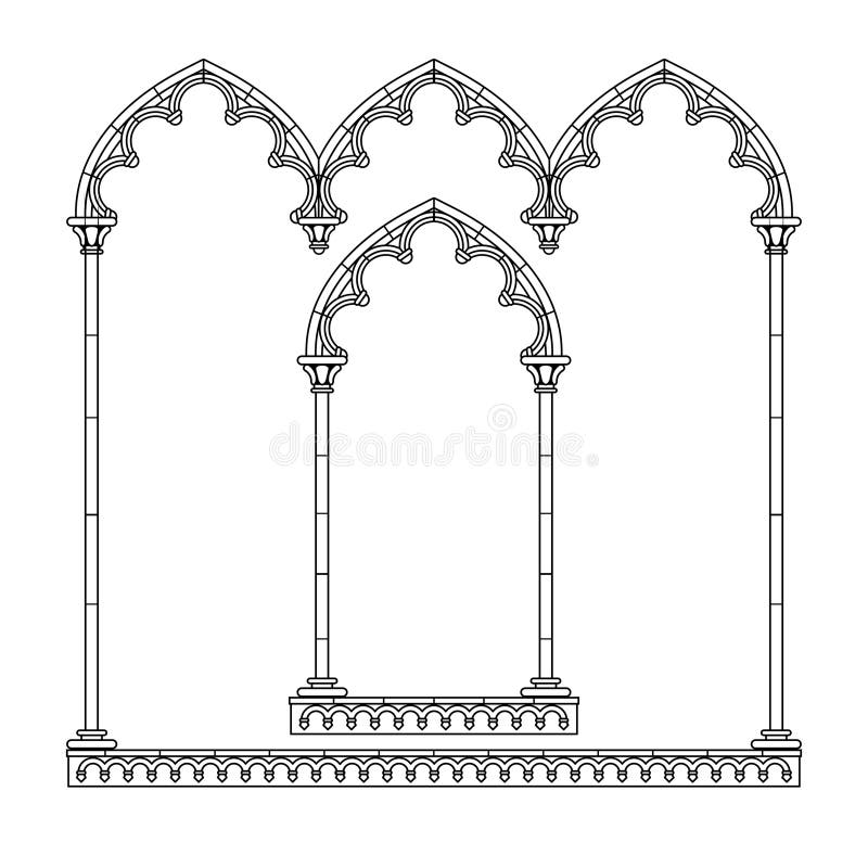 Black Linear Drawing of Two Classic Gothic Architectural Decorative ...