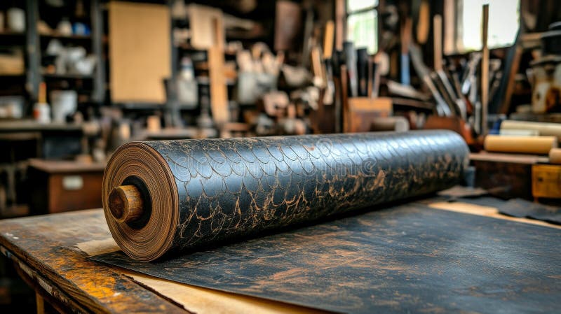 A Black Linocutting Paint Roller Creates Textured Ink Impressions on a ...