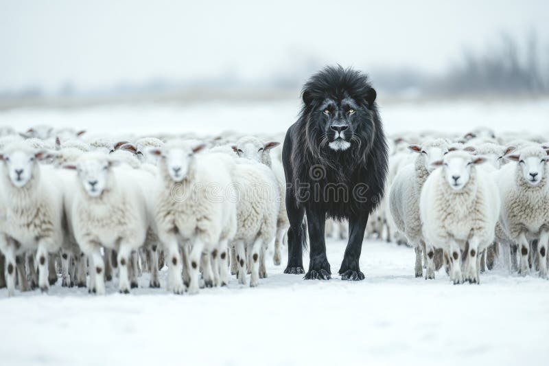 Black Lion Leading a Flock of Sheep in the Snow Stock Photo - Image of ...