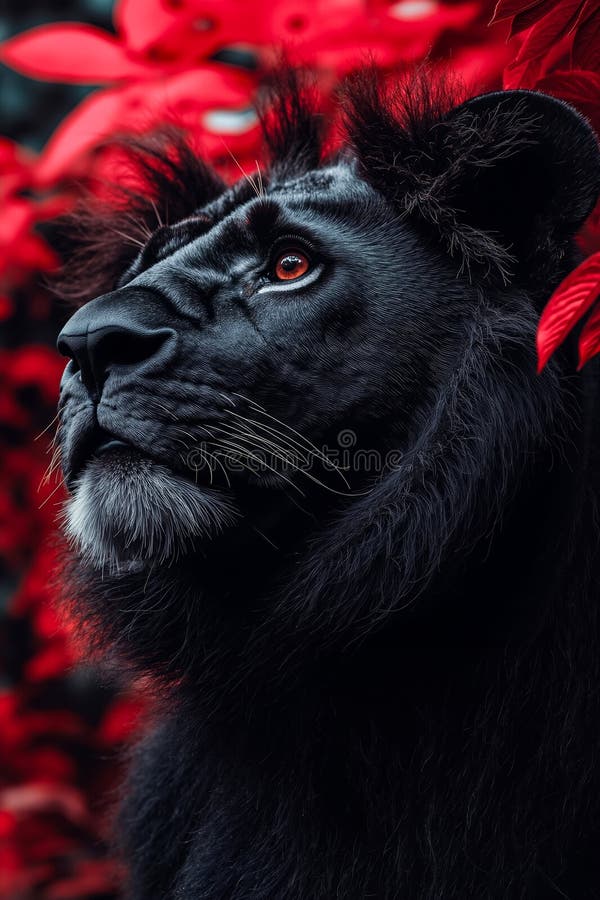 A Black Lion with Red Eyes in Front of Red Leaves Stock Image - Image ...