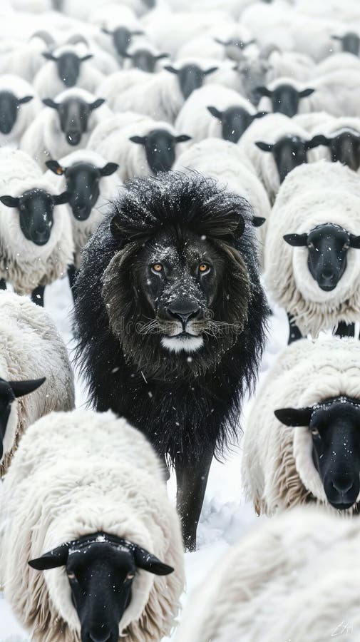 A Black Lion Standing in the Middle of a Herd of Sheep Stock Image ...