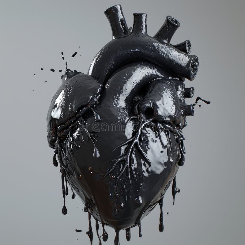 Black Liquid Covering a Human Heart Model Stock Illustration ...