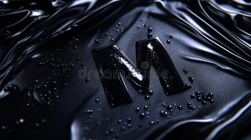 Black Liquid Letter M on Wrinkled Surface with Water Droplets Stock ...