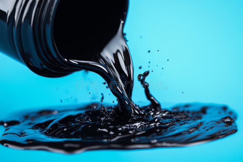 Black Liquid Spilling Container Vibrant Blue Background Creating ...
