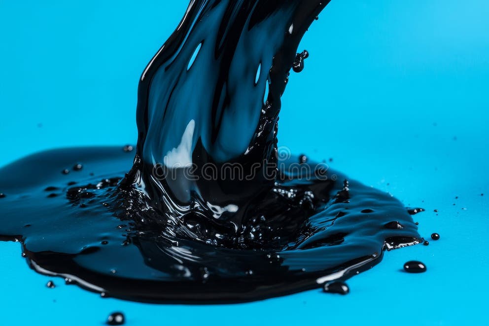Black Liquid Spilling from a Container on a Vibrant Blue Background ...