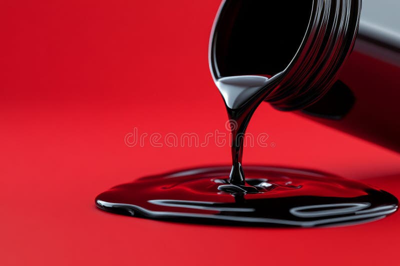 Black Liquid Spilling from a Container on a Vibrant Crimson Background ...