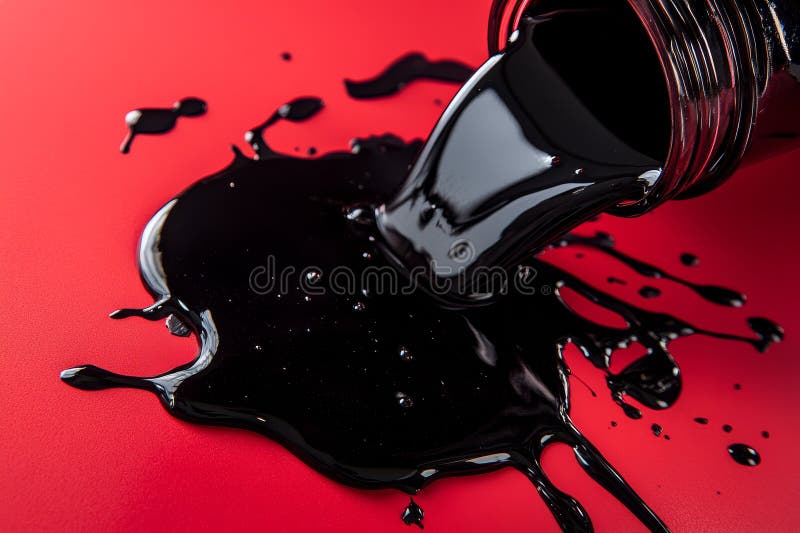 Black Liquid Spilling from a Container on a Vibrant Crimson Background ...