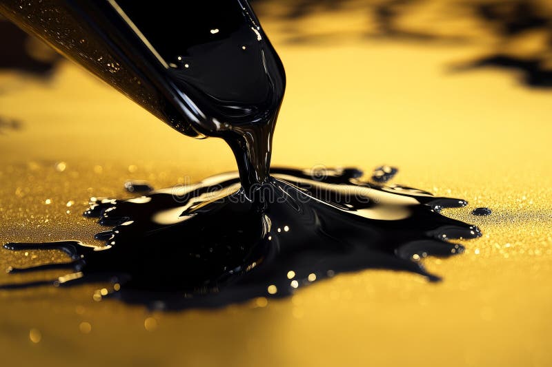 Black Liquid Spilling from a Container on a Vibrant Gold Background ...