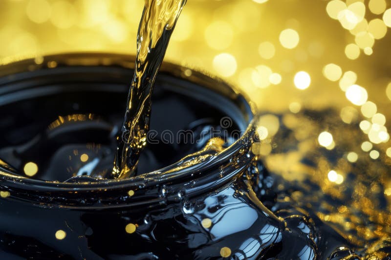 Black Liquid Spilling from a Container on a Vibrant Gold Background ...