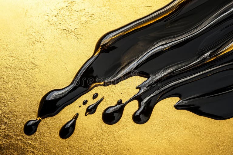 Black Liquid Spilling from a Container on a Vibrant Gold Background ...
