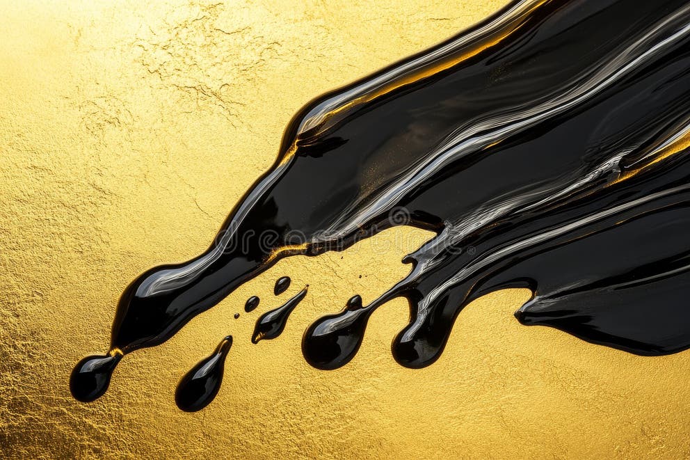 Black Liquid Spilling from a Container on a Vibrant Gold Background ...