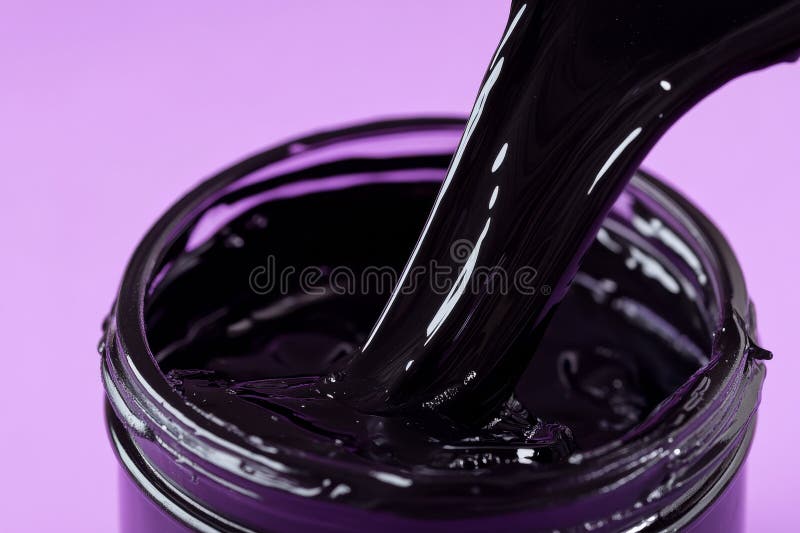 Black Liquid Spilling from a Container on a Vibrant Lavender Background ...
