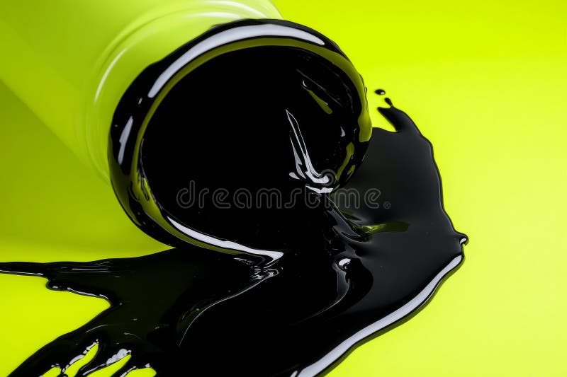 Black Liquid Spilling from a Container on a Vibrant Lime Green ...