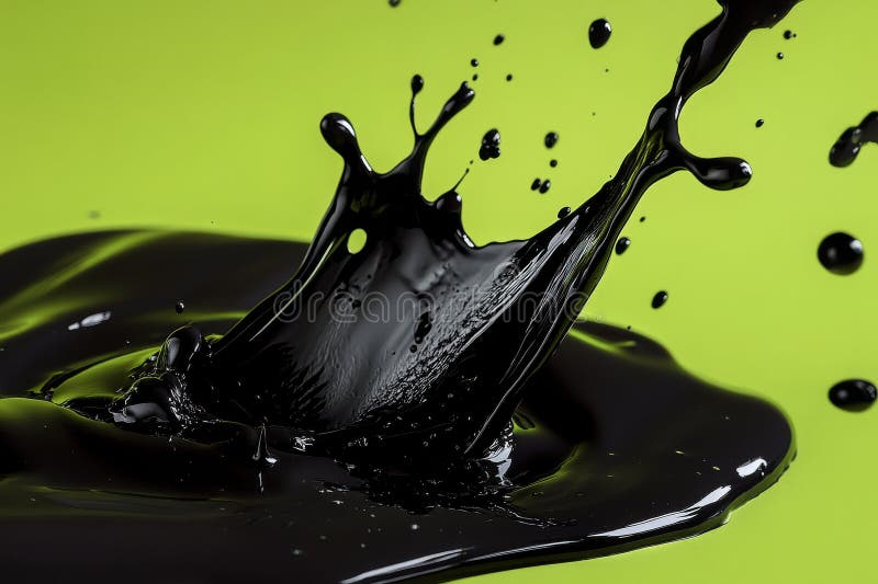 Black Liquid Spilling from a Container on a Vibrant Lime Green ...