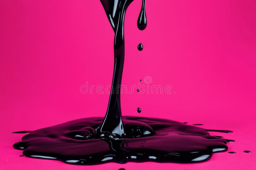 Black Liquid Spilling from a Container on a Vibrant Magenta Background ...