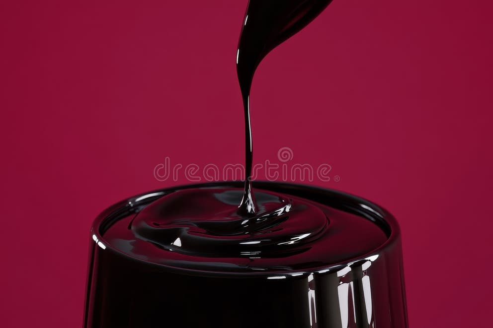 Black Liquid Spilling from a Container on a Vibrant Maroon Background ...