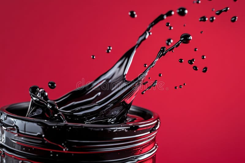 Black Liquid Spilling from a Container on a Vibrant Maroon Background ...