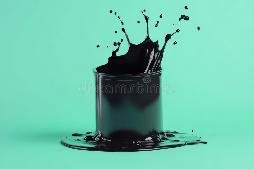Black Liquid Spilling from a Container on a Vibrant Mint Green ...