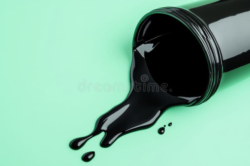 Black Liquid Spilling from a Container on a Vibrant Mint Green ...
