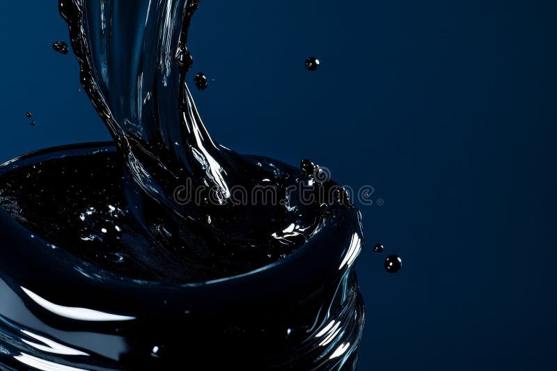 Black Liquid Spilling from a Container on a Vibrant Navy Blue ...
