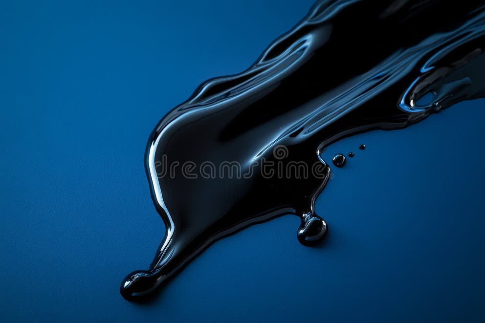 Black Liquid Spilling from a Container on a Vibrant Navy Blue ...