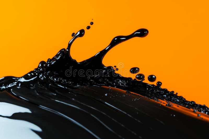 Black Liquid Spilling from a Container on a Vibrant Orange Background ...