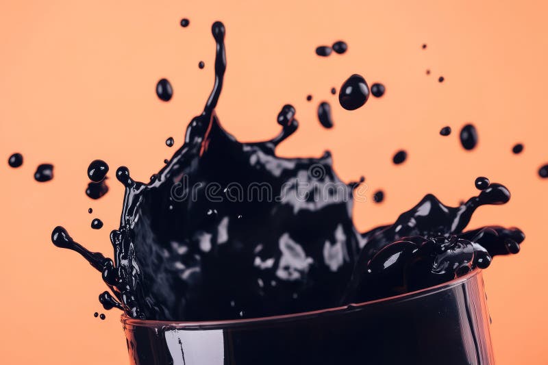 Black Liquid Spilling from a Container on a Vibrant Peach Background ...