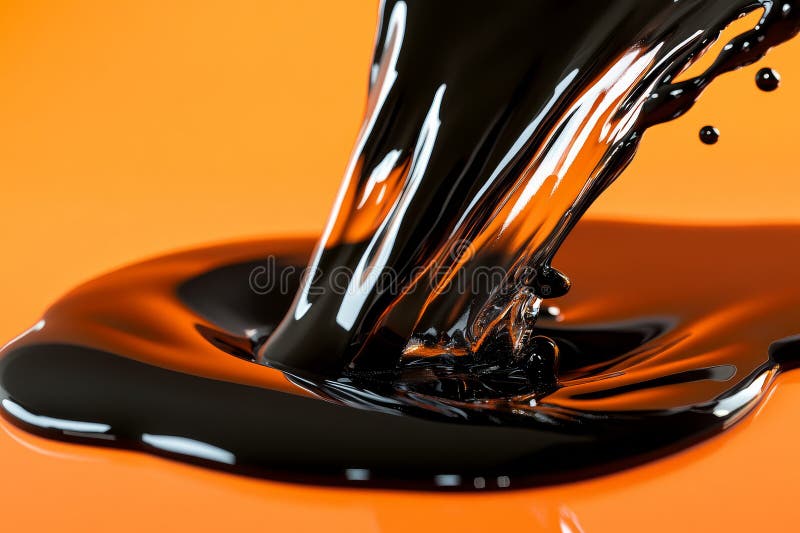 Black Liquid Spilling from a Container on a Vibrant Peach Background ...