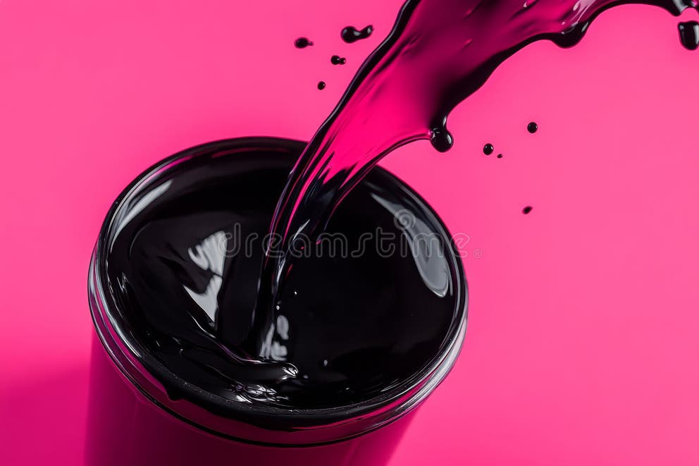 Black Liquid Spilling from a Container on a Vibrant Pink Background ...