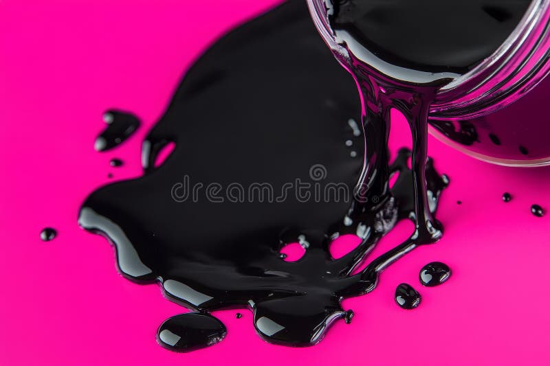 Black Liquid Spilling from a Container on a Vibrant Pink Background ...