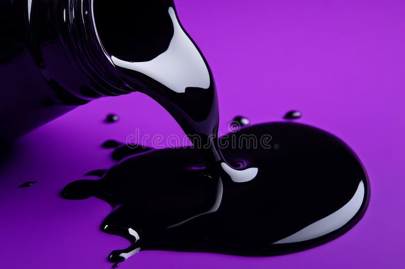 Black Liquid Spilling from a Container on a Vibrant Purple Background ...