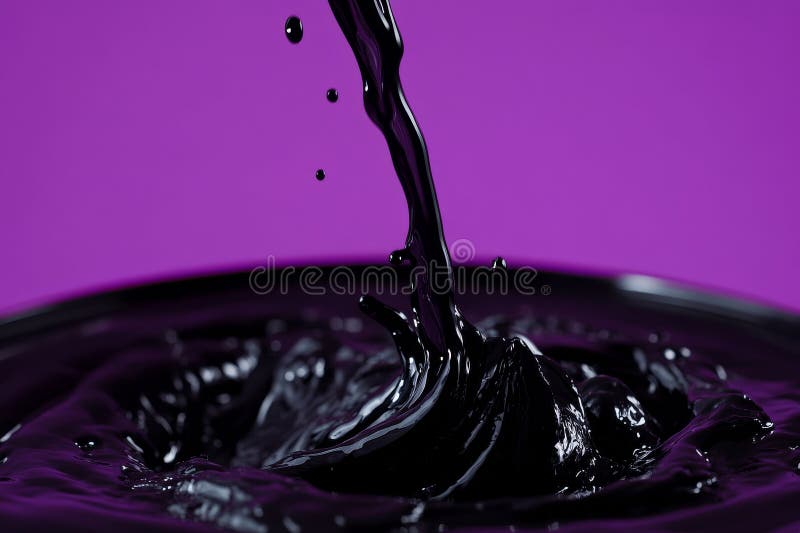 Black Liquid Spilling from a Container on a Vibrant Purple Background ...