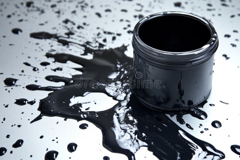 Black Liquid Spilling from a Container on a Vibrant Silver Background ...