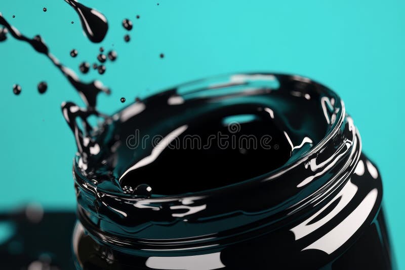 Black Liquid Spilling Container Vibrant Teal Background Creating ...