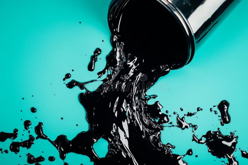 Black Liquid Spilling from a Container on a Vibrant Teal Background ...
