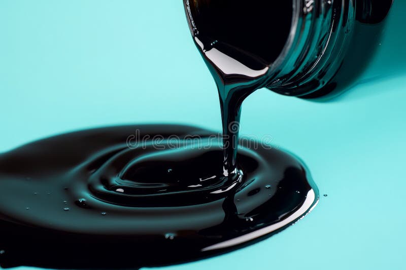 Black Liquid Spilling from a Container on a Vibrant Turquoise ...